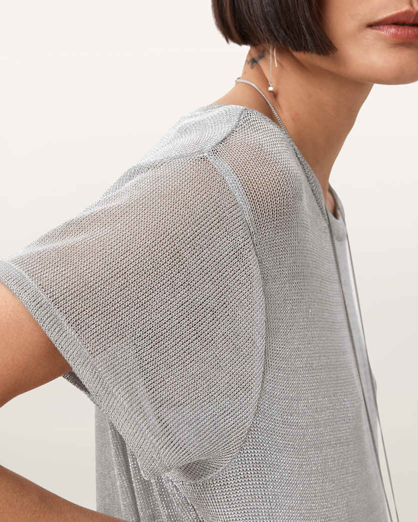 Thea Sparkle Sheer Maxi Dress Metallic Silver | ALLSAINTS US